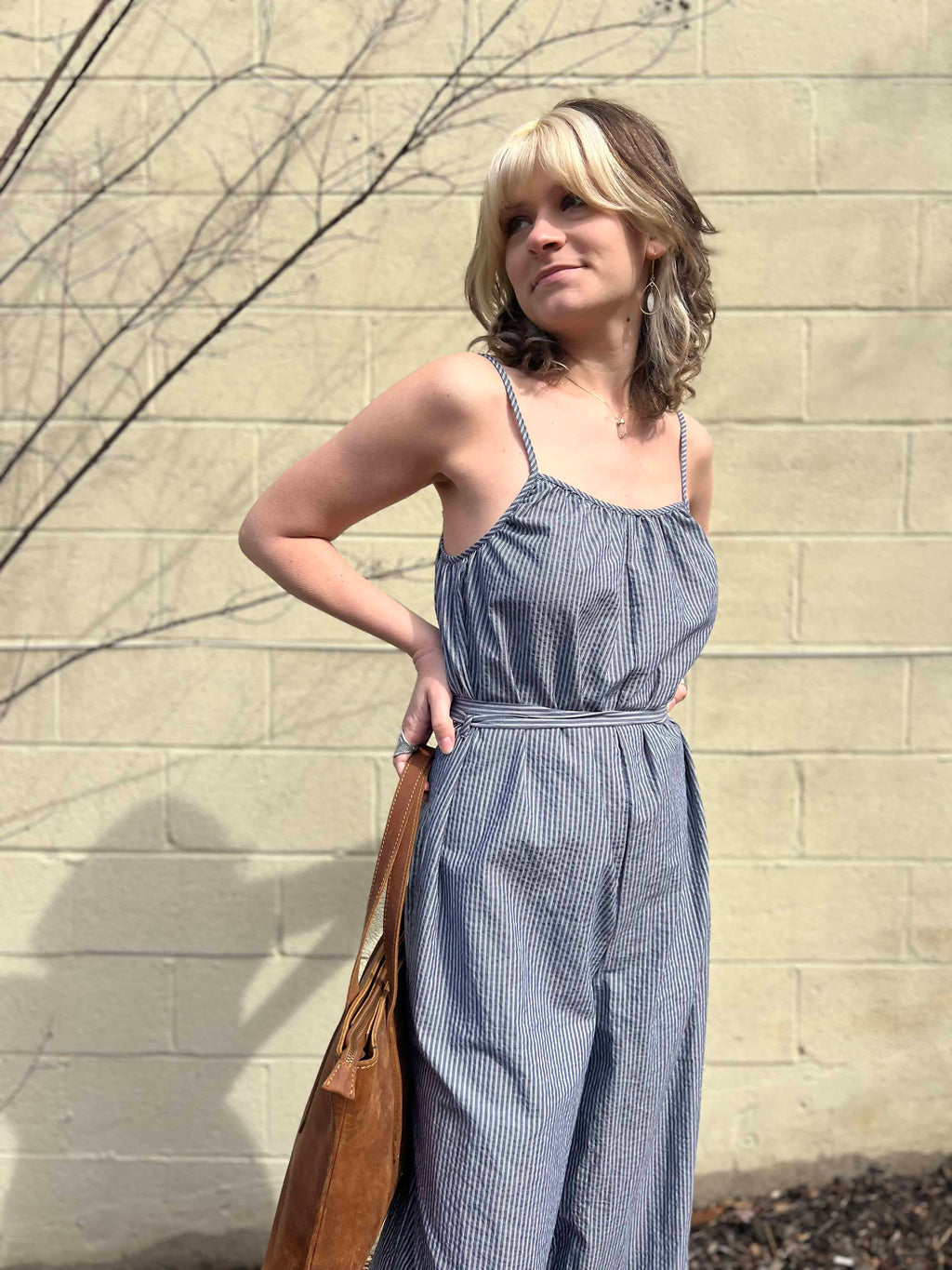 Woven Cotton Striped Jumpsuit | Dark Denim Spaghetti Straps – The Boho ...